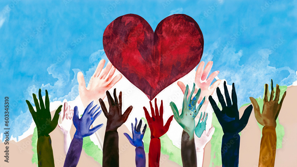 Group of multicultural people with arms and hands raised towards a hand ...