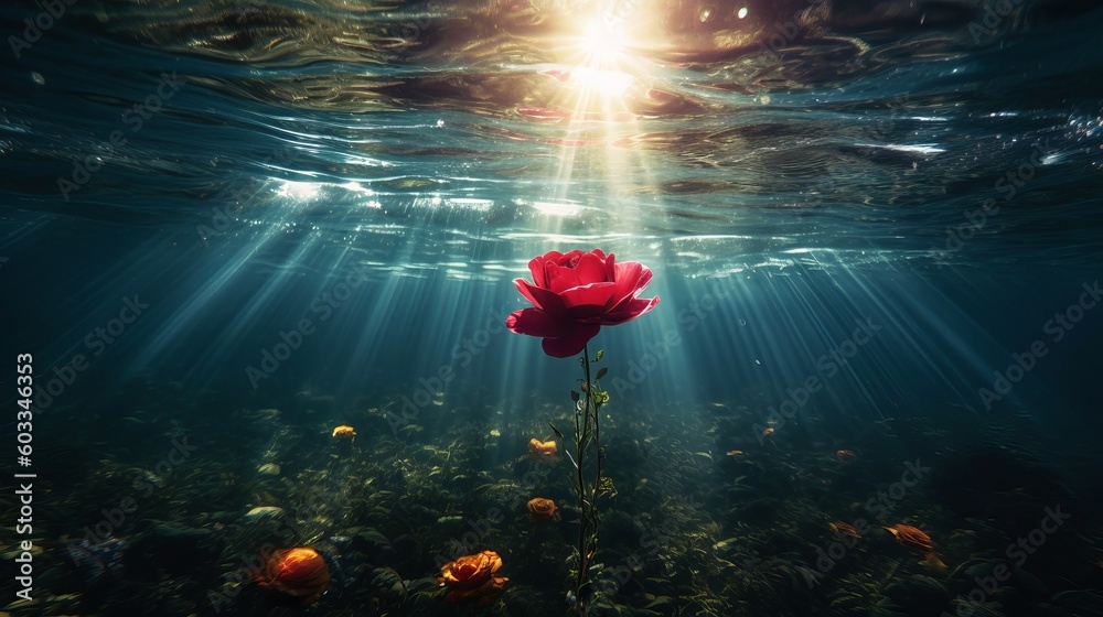 single red rose growing under water, 32k UHD, caustics, light rays ...