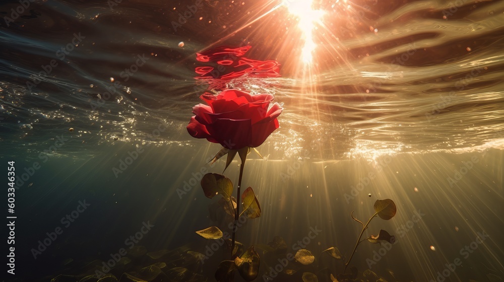 single red rose growing under water, 32k UHD, caustics, light rays ...