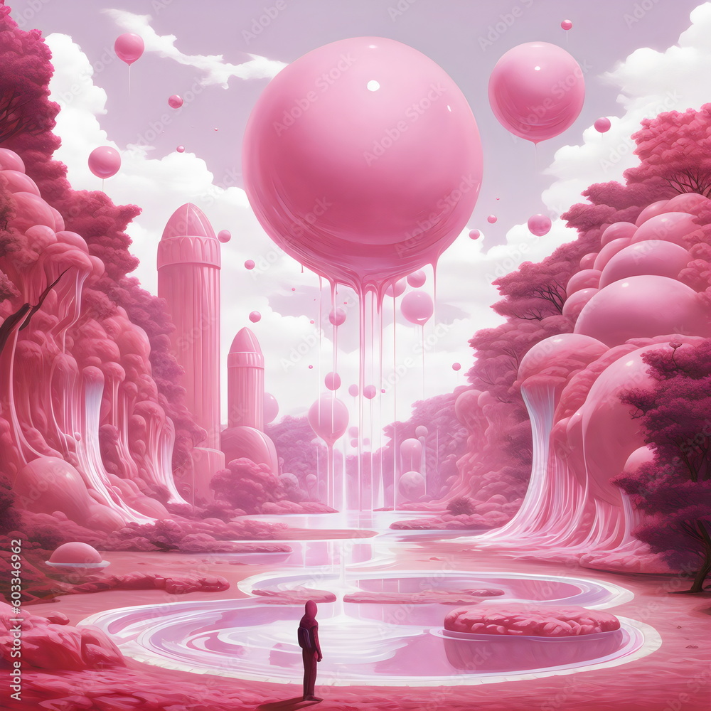 pink bubblegum fantasy landscape with floating pink bubbles and person ...