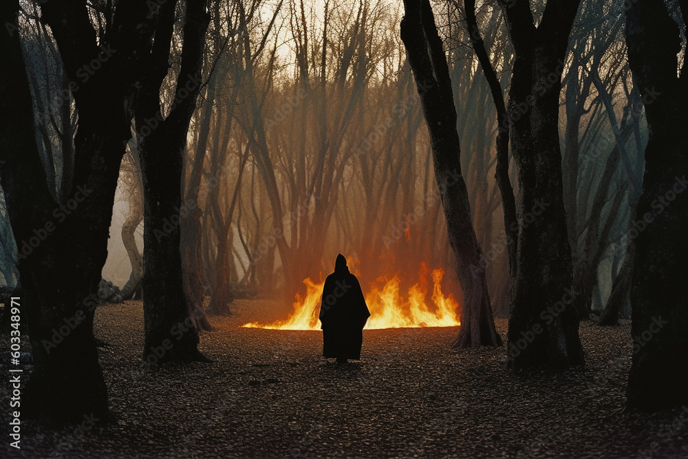 a dark silhouette against the background of a fire, an arsonist and a ...