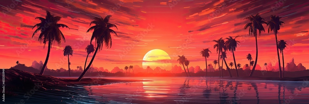 3d sunset on the beach. Retro palms sci fi background with ocean. Sun ...