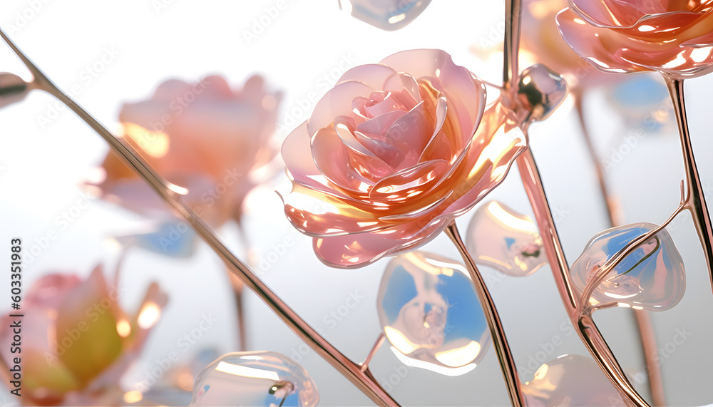 The elegant petals of roses on a clean, transparent glass texture make ...