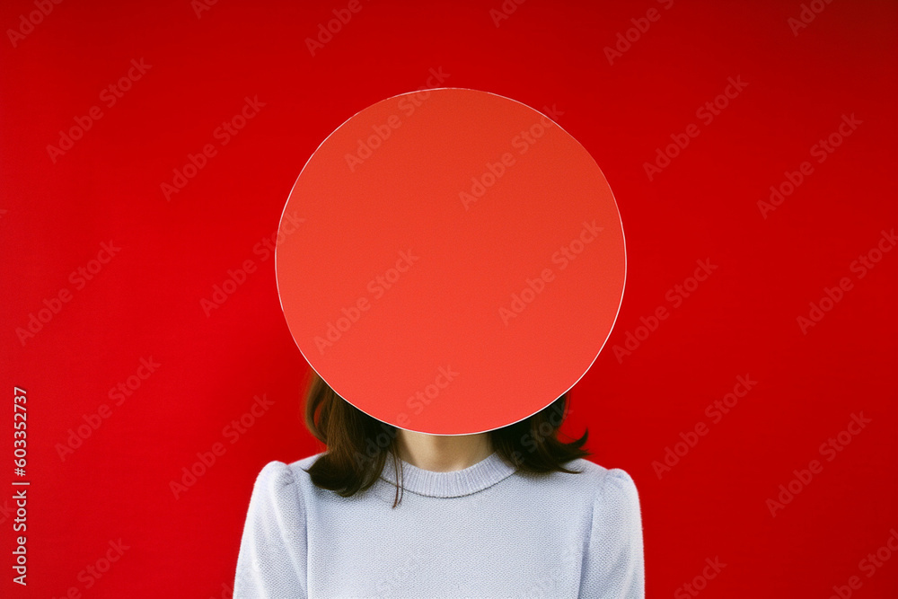 A young woman hides her face behind an empty poster, red background ...