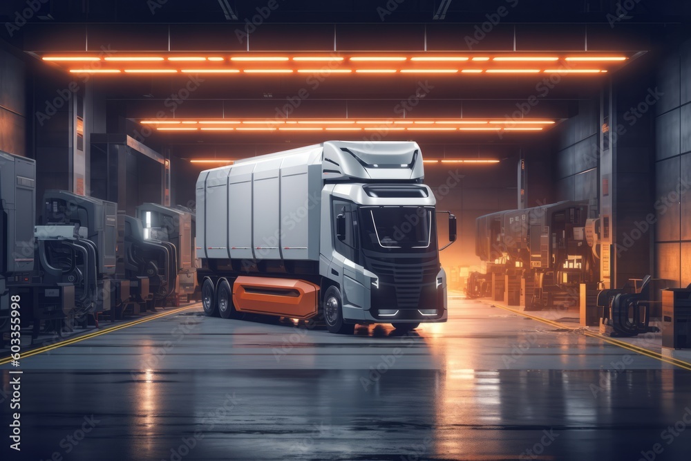 A self-driving truck showcased in a futuristic loading dock, with ...
