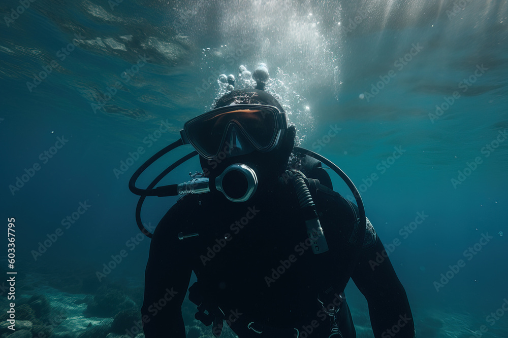 Generative AI illustration of portrait of anonymous person in scuba ...