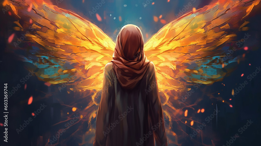 Creative art of a Muslim girl with two shiny illuminated golden wings ...