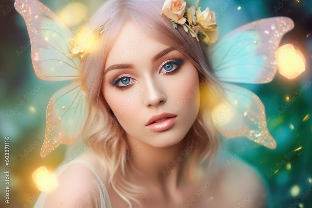 Close up portrait of Beautiful young fairy in enchanted magical forest ...