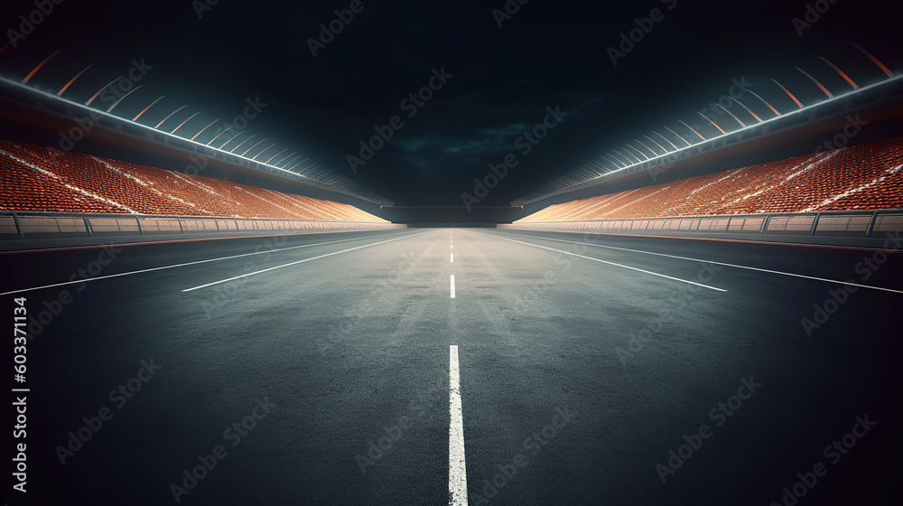 Asphalt racing track finish line and illuminated race sport stadium at ...