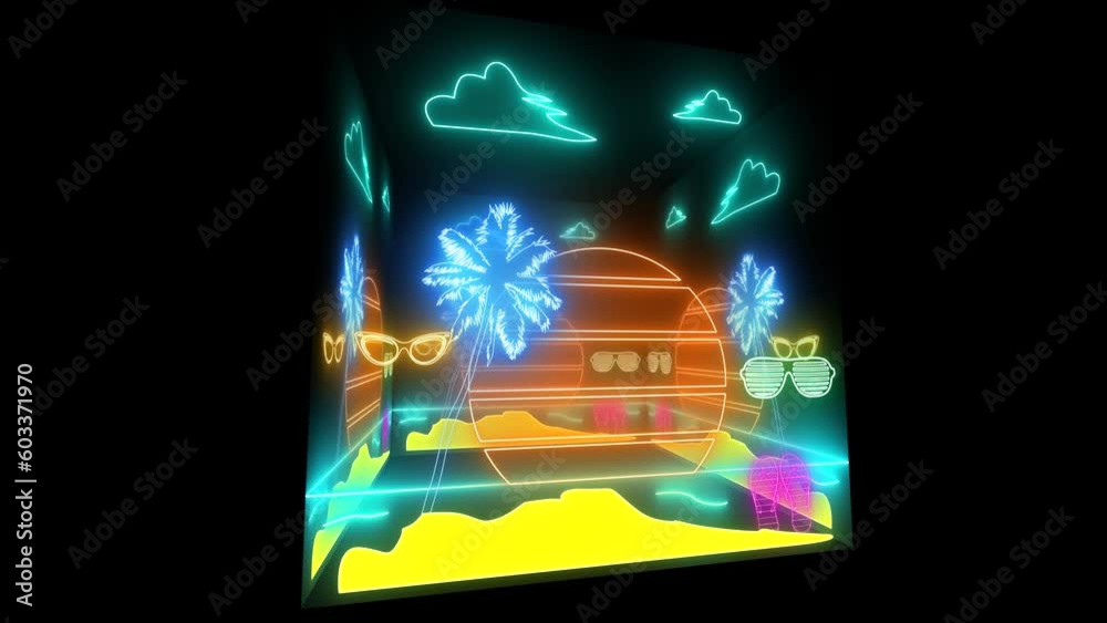 summer vibe beach neon light animation beam ray in black background ...