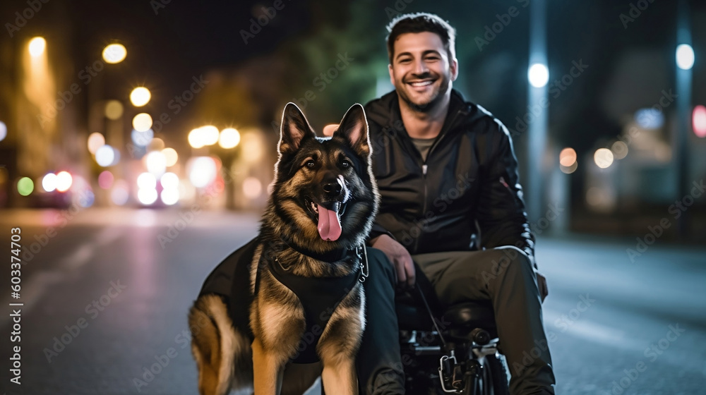 German shepherd dog supporting and caring for his disabled owner in a ...