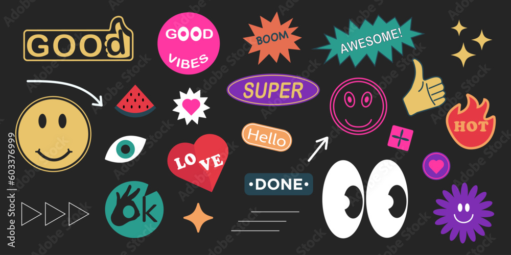 Patches with emoticons and phrases. Collection of sticker Pack, labels ...