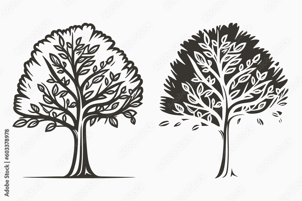 Tree line art vector, Tree silhouette vector, Black and white tree art ...