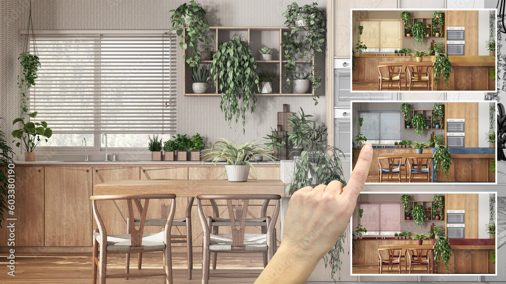 Architect designer concept, hand showing modern dining room and kitchen ...