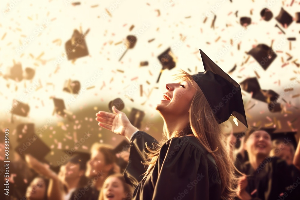 High school or college graduation scene with joyful graduates, candidly ...