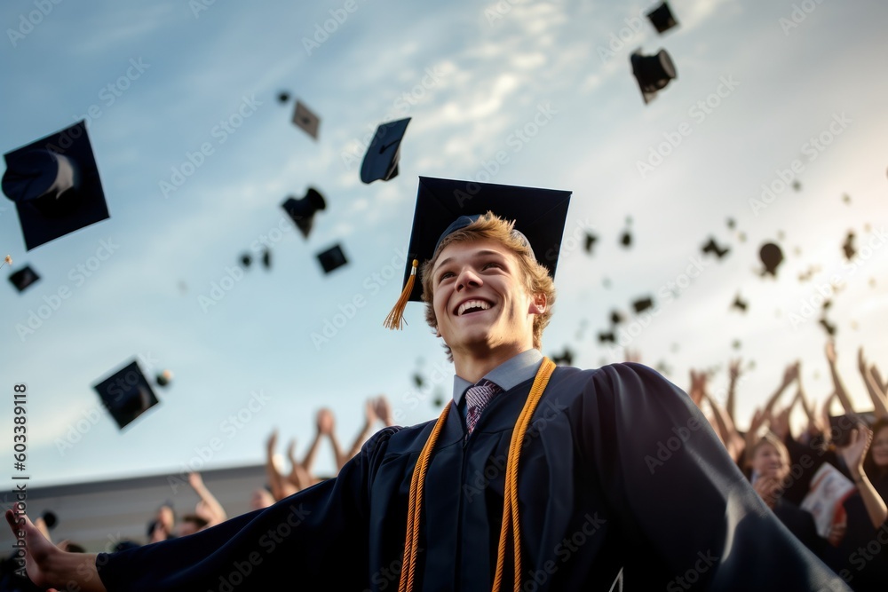 High school or college graduation scene with joyful graduates, candidly ...