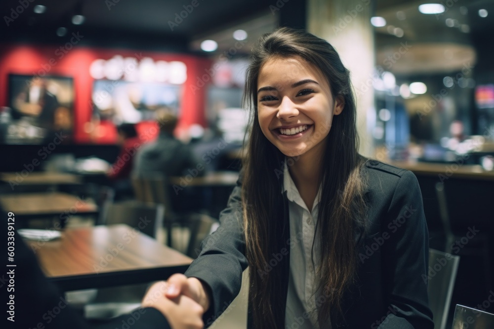 Teenage girl experiencing her first job offer, engaging in a handshake ...