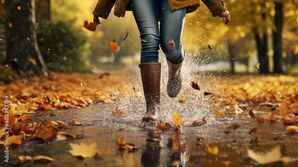 Lady wearing rain flexible boots strolling running and bouncing into ...