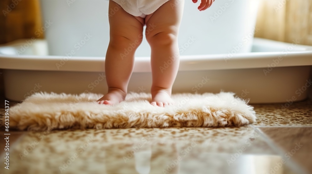 Small child child legs is standing on a nonslip tangle internal parts ...