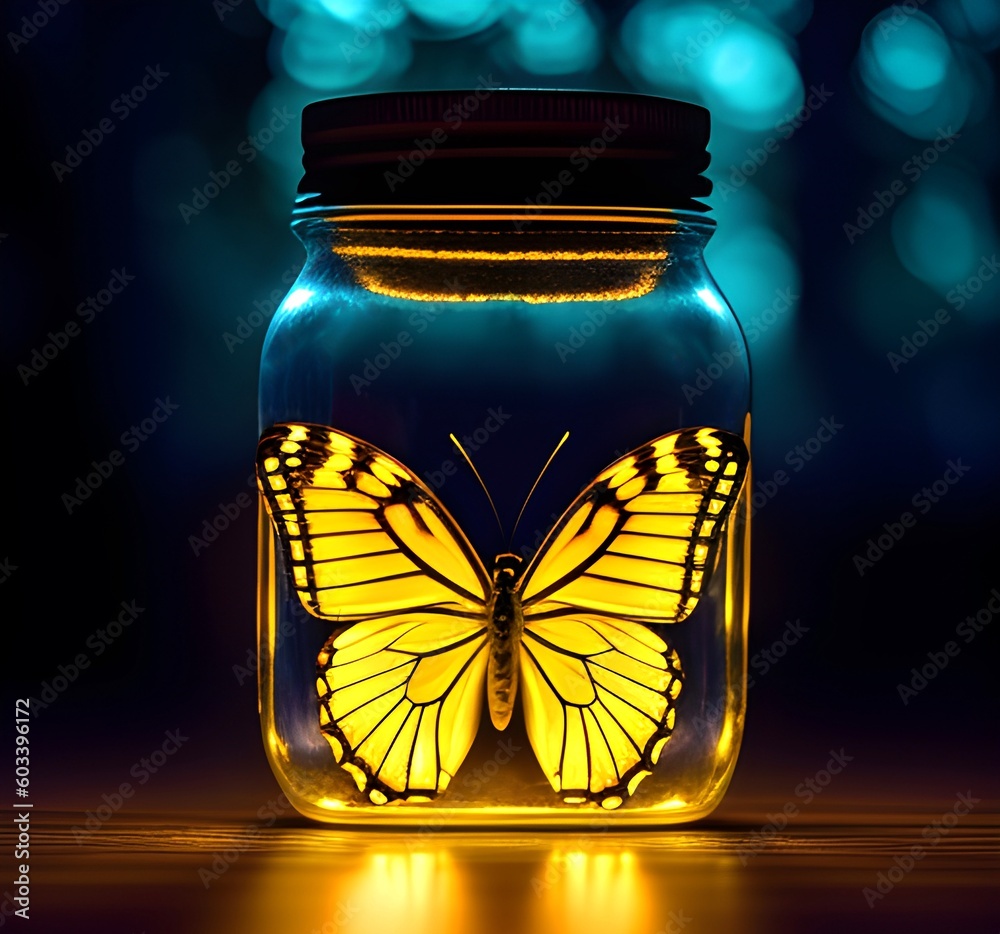 A generative AI image featuring a glowing yellow butterfly in a jar ...