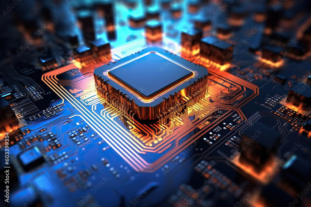 close up of a microchip circuit interior of a computer with neon lights ...