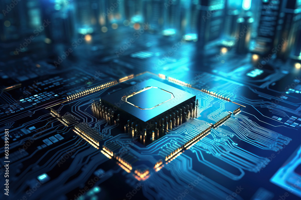 close up of a microchip circuit interior of a computer with neon lights ...