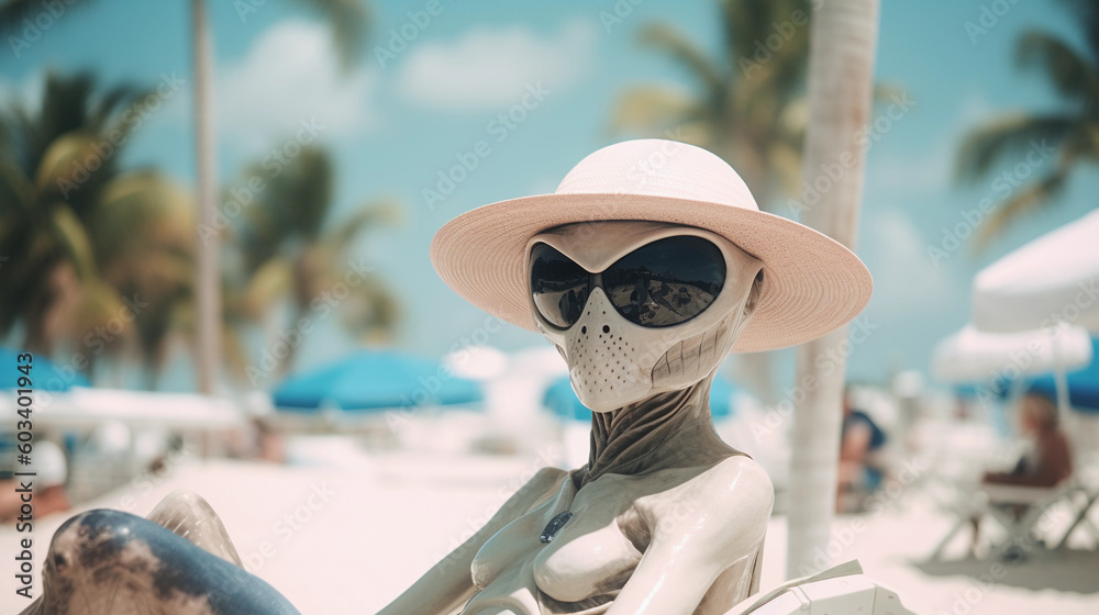 AI alien doing nothing on the beach near Miami on tropical summer Stock ...