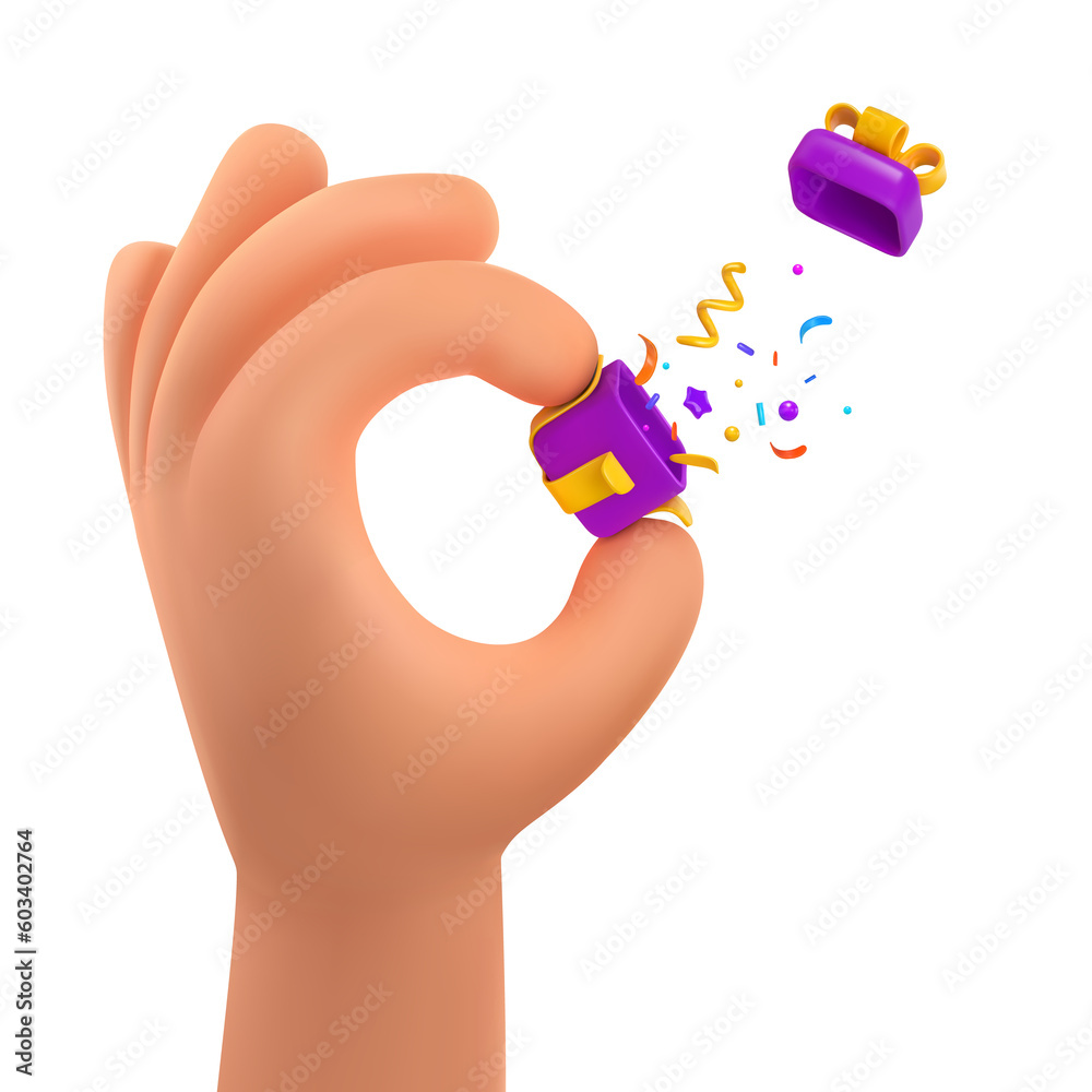 3d cartoon human hand holding gift box with explosion confetti on ...