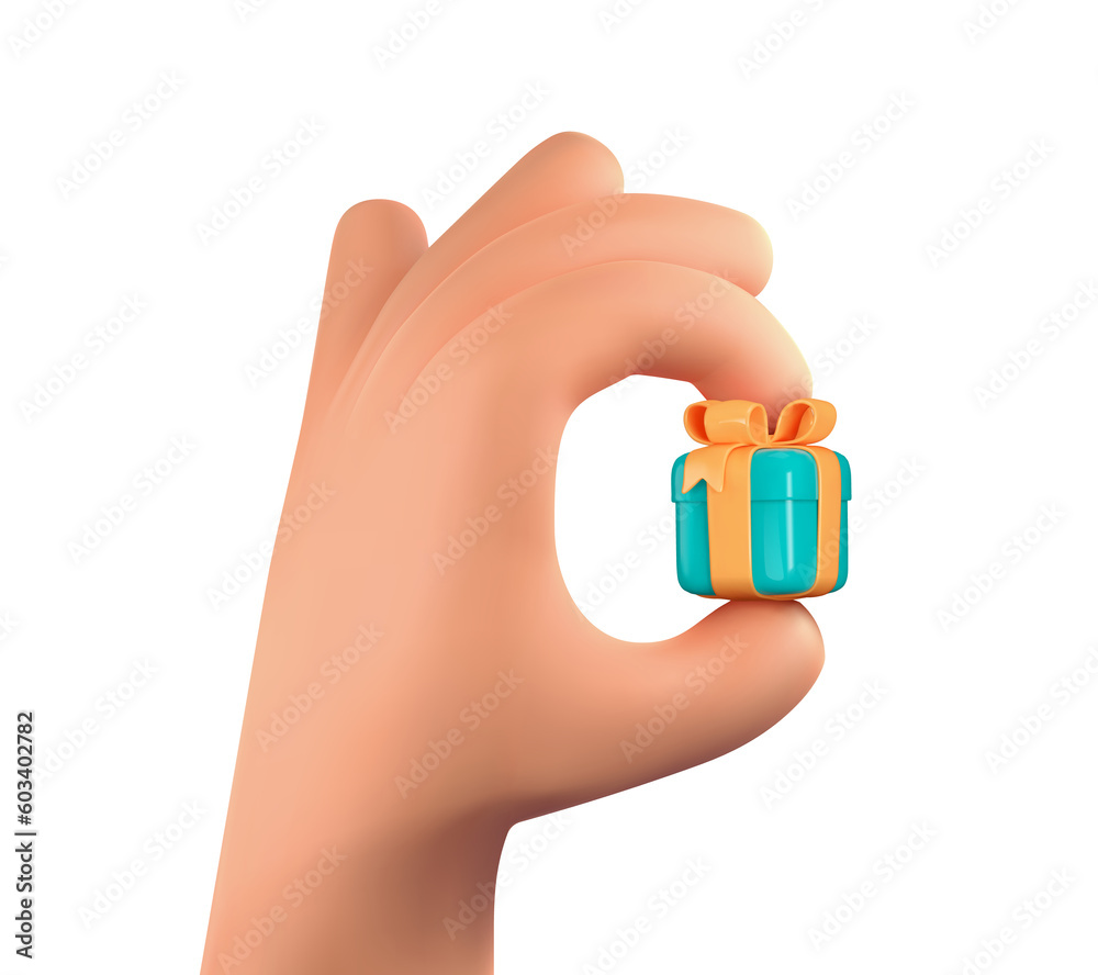 Cartoon human hand holding blue gift box with orange bow vector ...