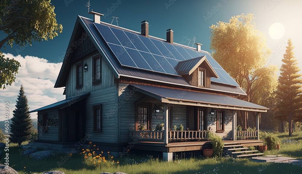 Full view of modern house with Solar panels on the roof. 3D rendering ...