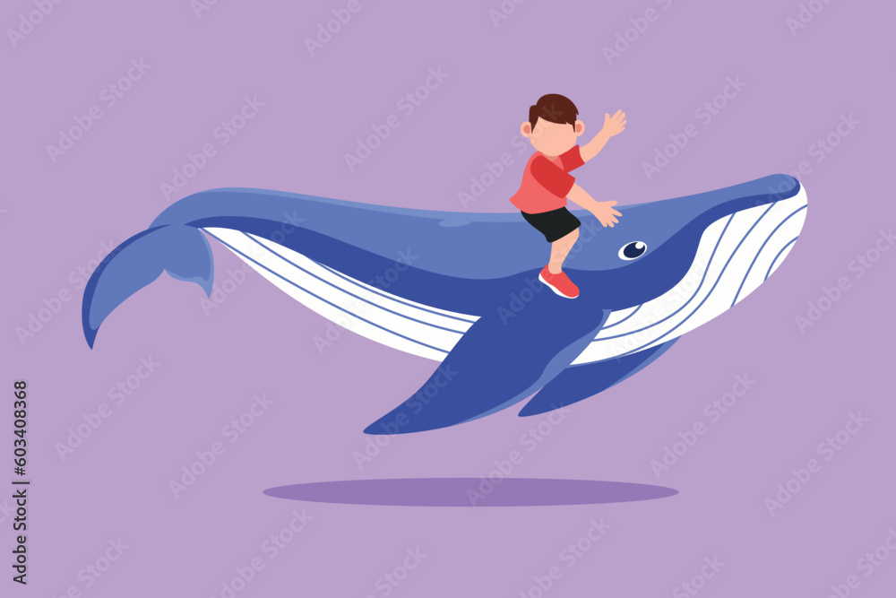 Character flat drawing cute little boy riding blue whale. Young kid ...