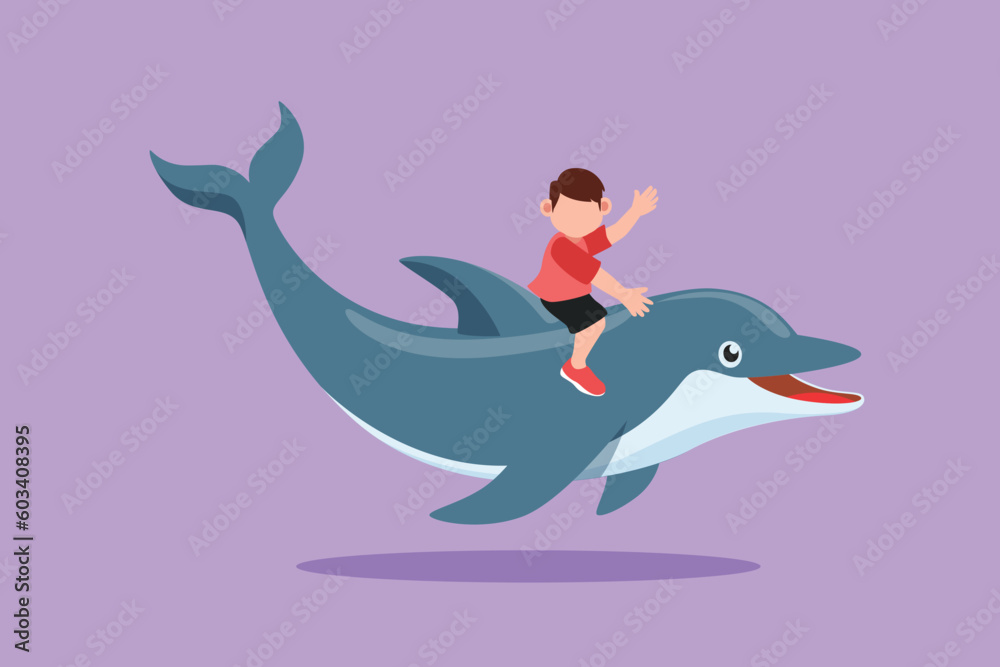 Graphic flat design drawing adorable little boy riding dolphin. Brave ...