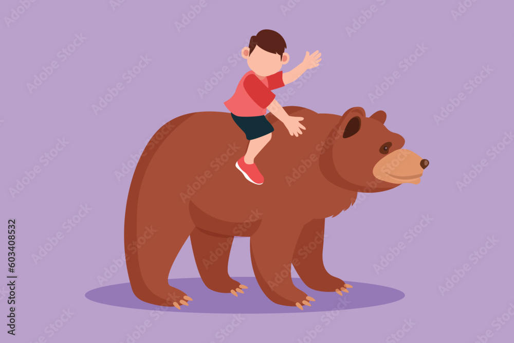 Character flat drawing happy little boy riding brown grizzly bear at ...