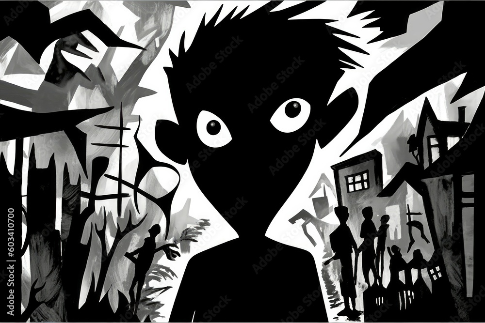 School bully, hurtful words, bullying. Black and white background ...