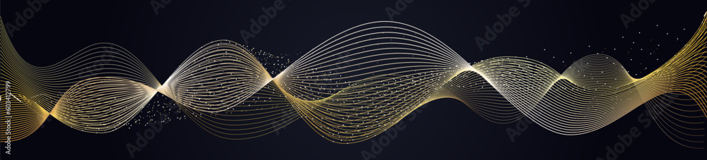 3d wavy gold lines swoosh on dark background. Luxury beauty thin curves, swirl as stream flow ...