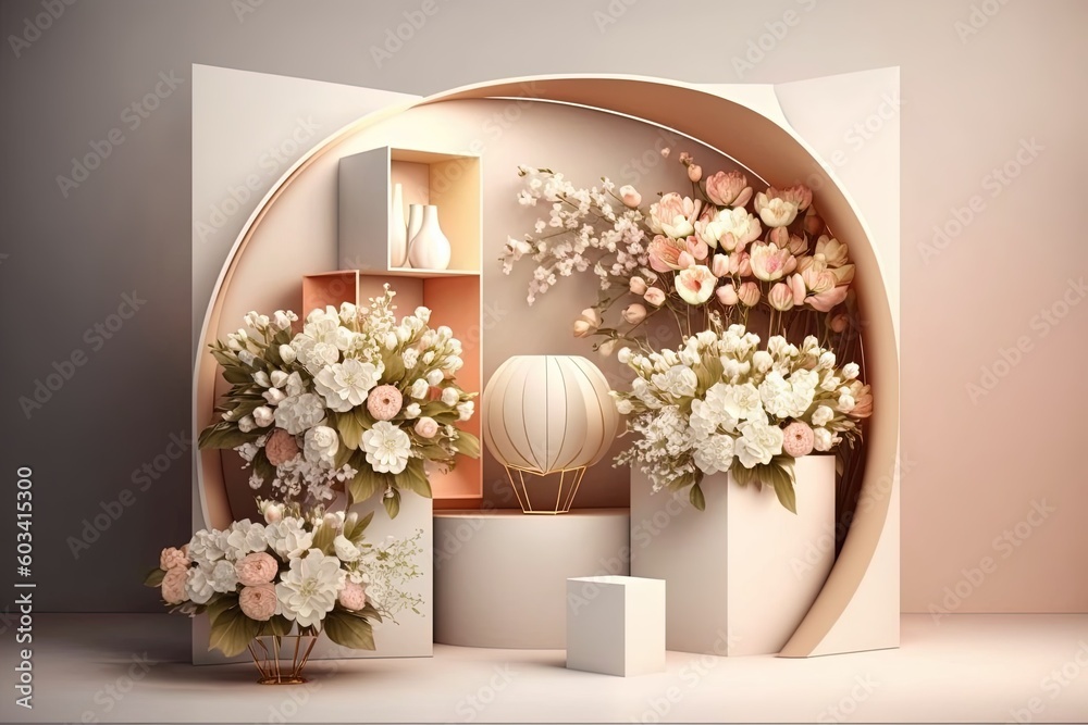 Beautiful stage with white flowers for product presentation. AI ...