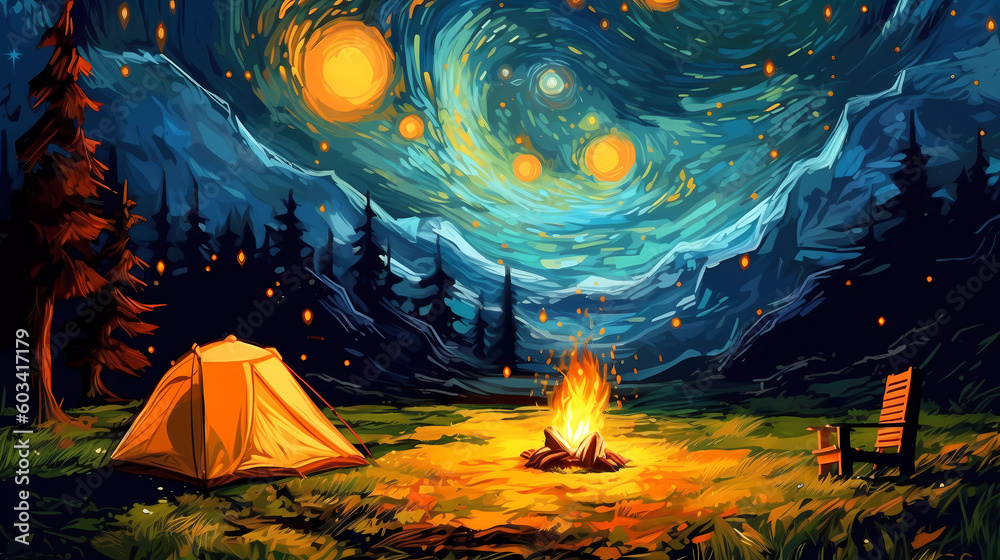 Hand-painted illustration of van Gogh's camping tent under the ...