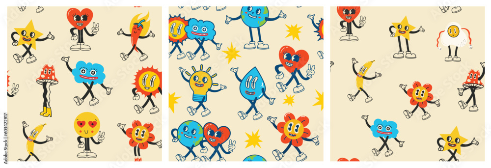 Colorful funny happy face label seamless pattern set. Collection of ...