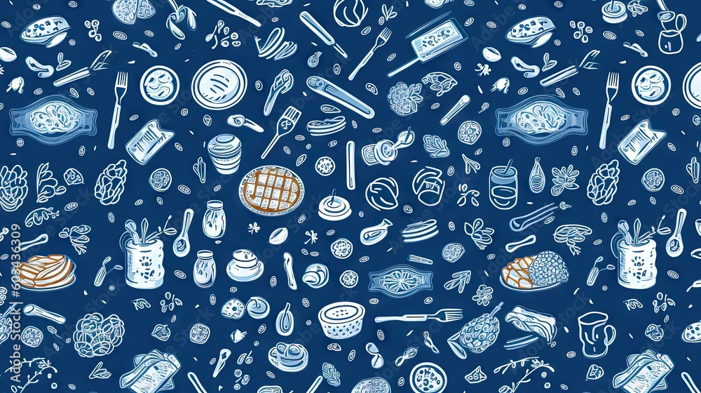 a blue and white pattern of food and utensils on a dark blue background ...