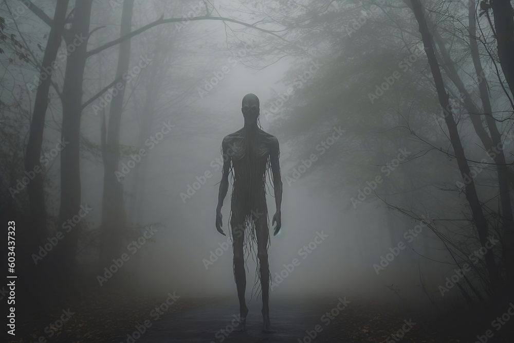 A human-like monster in the misty forest. A zombie standing in the dark ...
