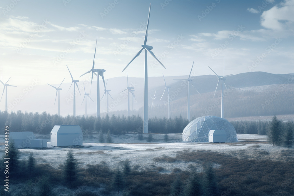 3D visualization of a wind turbine farm, demonstrating renewable energy ...