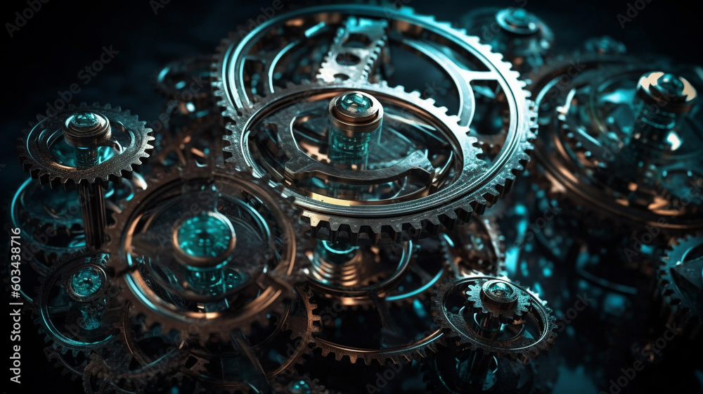 A series of interconnected gears in motion, symbolizing the interdependence and synergy within a ...