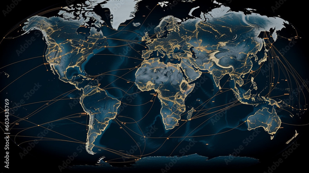 A map of undersea cables connecting continents, demonstrating the ...