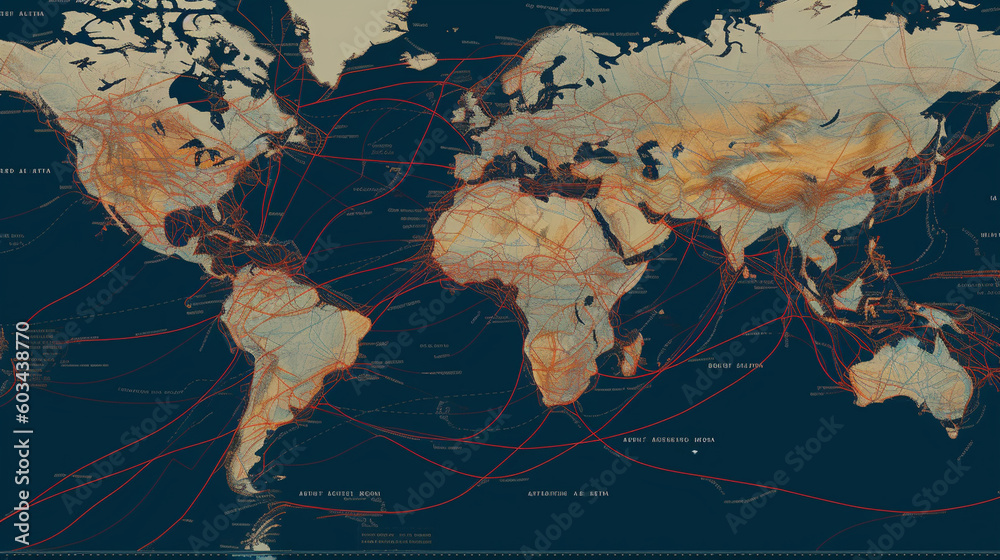 A map of undersea cables connecting continents, demonstrating the ...