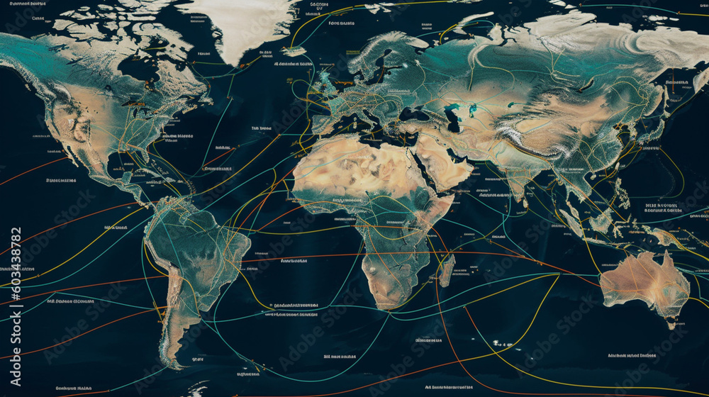 A map of undersea cables connecting continents, demonstrating the ...