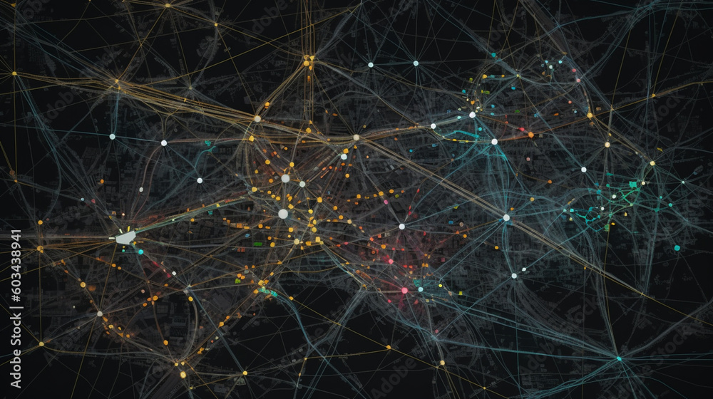 A visualization of interconnected nodes in a transportation network ...