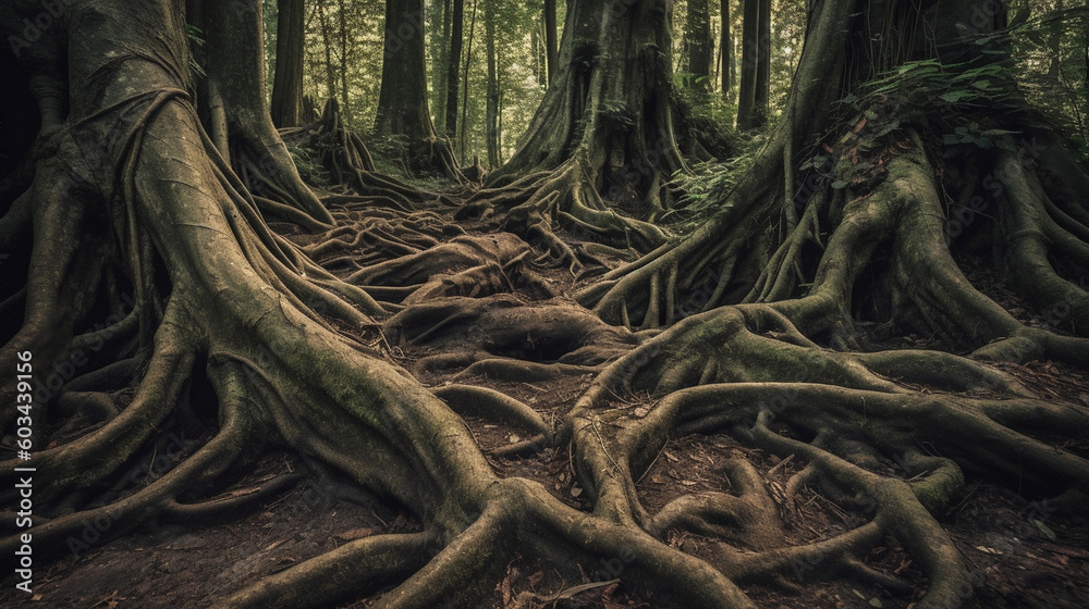 A close-up photograph of interconnected roots in a forest, symbolizing ...