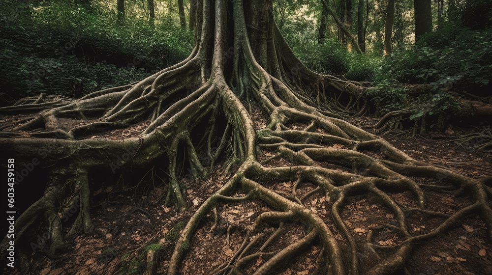 A close-up photograph of interconnected roots in a forest, symbolizing ...