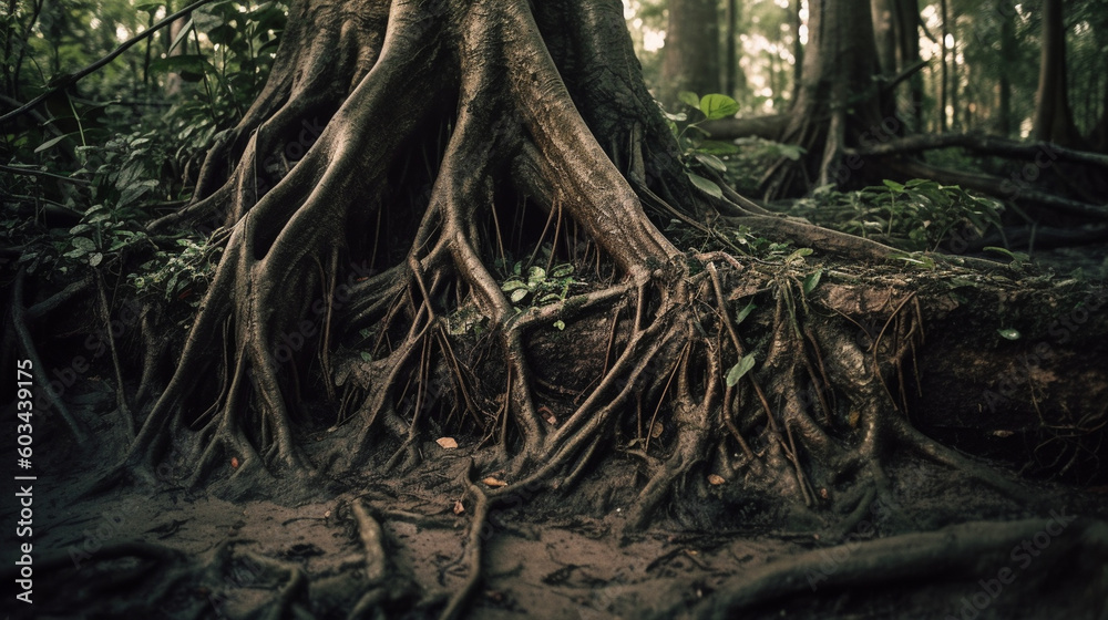 A close-up photograph of interconnected roots in a forest, symbolizing ...