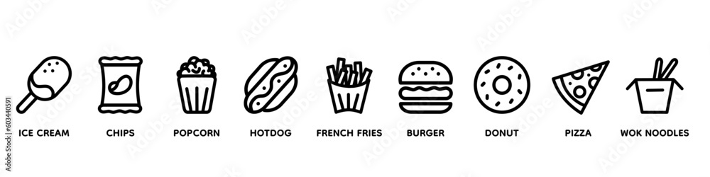 Fast food vector icon set with text. Pizza, taco, hamburger, fries ...